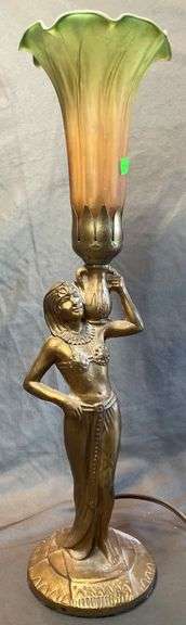 Art Deco-Style Lamp with Glass Shade and Female Figure Base 17”H ...