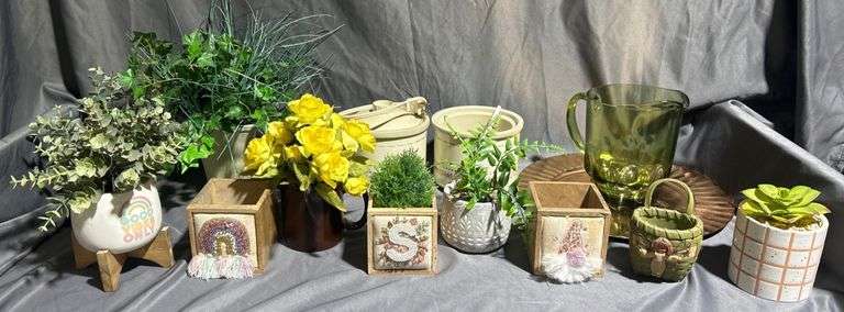 Planters, Artificial Plants, Glass Pitcher, 2 Rival Little Dipper Crock ...