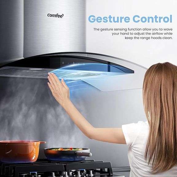COMFEE - COMFEE Curved Glass Range Hood 36 Inch 450 CFM 3 Speed Gesture ...