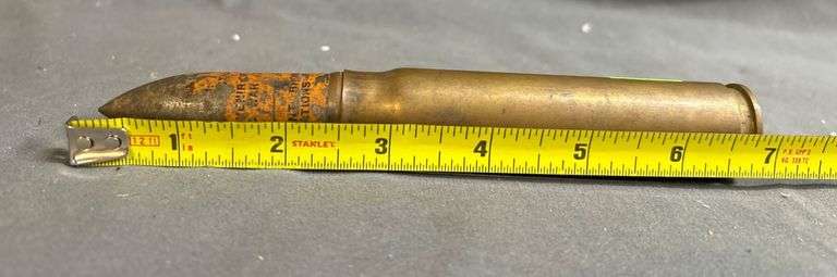 2 Brass Artillery Shell Casings with One Projectile, Marked Souvenir of ...