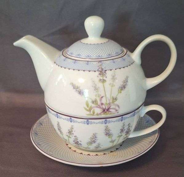 Porcelain Tea for One Teapot, Cup, and Saucer with Floral Design ...