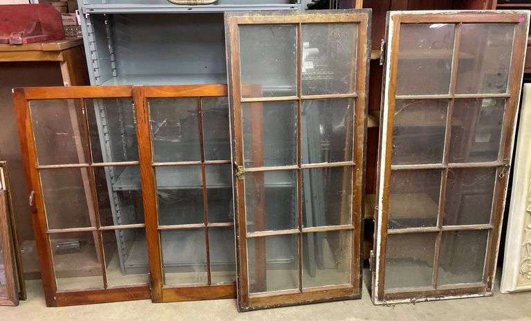 Four Multi-Pane Glass Window Frames with Wood Casings 23”x42”, 24.5”x53 ...