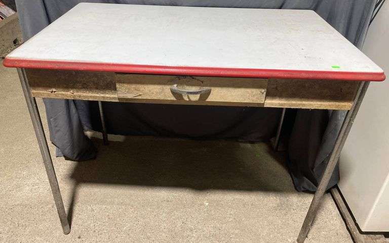 Red-Trimmed Enamel Top Table with Single Drawer – Damaged 40”x25”x30 ...