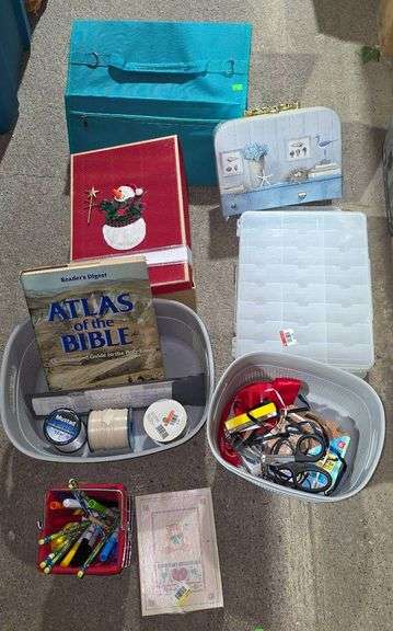 Household and Craft Items Including Storage Bins, Bible Atlas, and ...