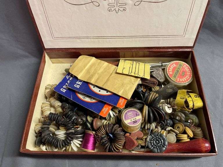 Buttons, Measuring Tape, Tools, and Spools in Decorative Box - Metzger ...