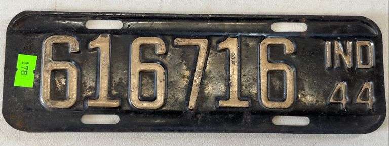 1944 Indiana Metal License Plate with Embossed Numbers - Metzger ...