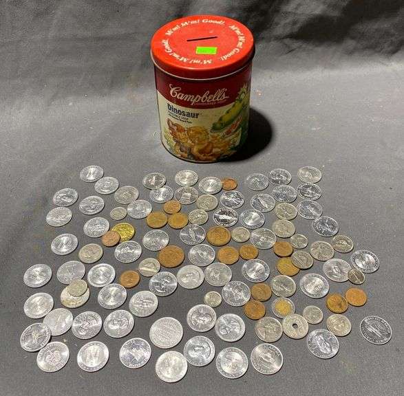 Campbell’s Condensed Soup Tin with Foreign Coins and Token Assortment ...