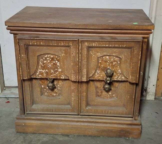 Two-Door Cabinet with Carvings and Metal Pulls (missing hardware, top ...