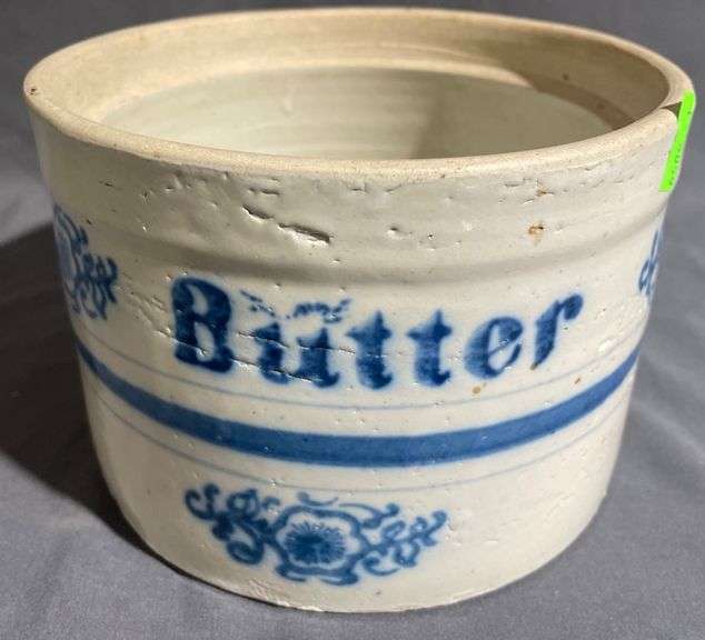 Stoneware Butter Crock with Blue Floral and Script Design 6.5”x4.5 ...