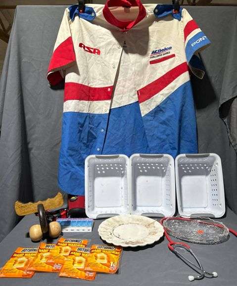 AC Delco work shirt, plastic bins, stethoscope, hot hands, medicine ...