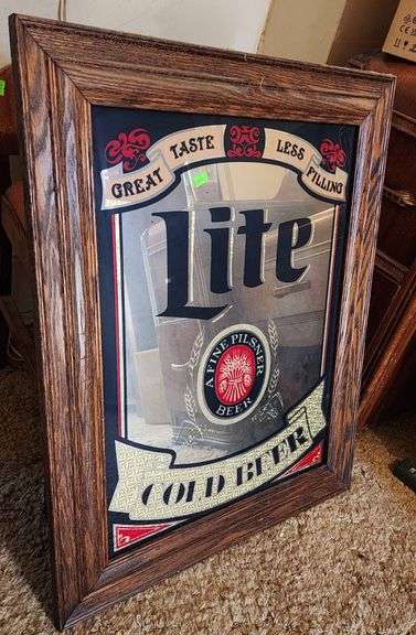Miller Lite Beer Mirror With Oak Frame - Metzger Property Services, LLC
