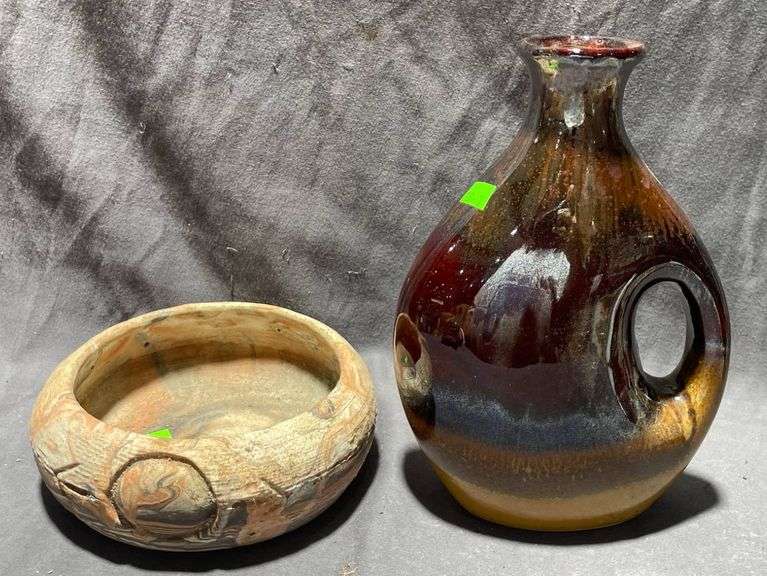 Bowl with Incised Designs & Glazed Pottery Vase with Handle - Metzger ...
