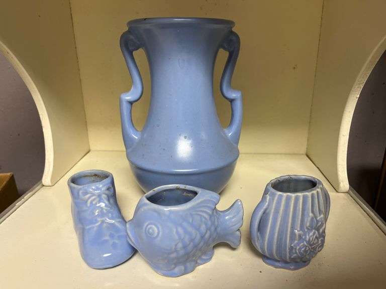 Blue Pottery Double Handled Vase, Shawnee Blow Fish Planter, Unmarked ...