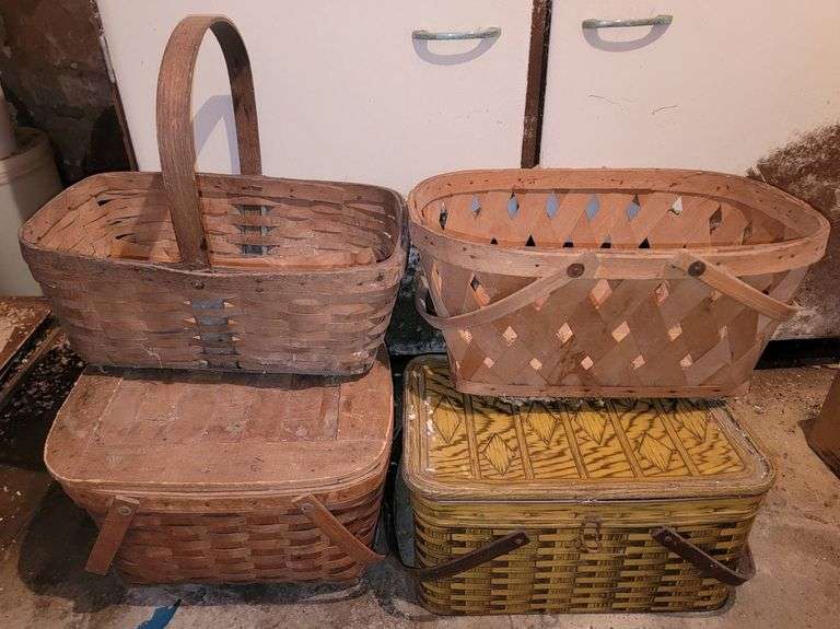 3 Woven Baskets with Designs, Handles and Tin Picnic Basket - Metzger ...
