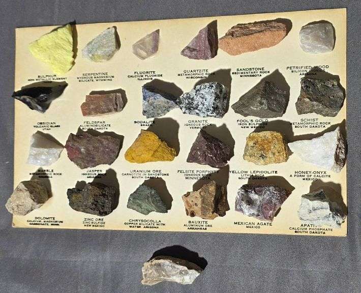Mineral Specimen Collection on Labeled Display Board, 10″ x 6 ...