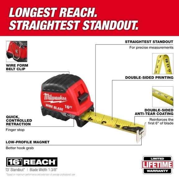MILWAUKEE - 16 ft. Wide Blade Magnetic Tape Measure With 16 ft. Reach ...