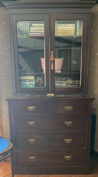 2-Piece Dark Finish Hutch with Glass Doors and Brass Hardware - Metzger ...