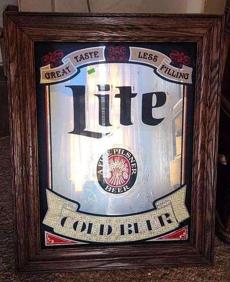 Miller Lite Beer Mirror With Oak Frame - Metzger Property Services, LLC