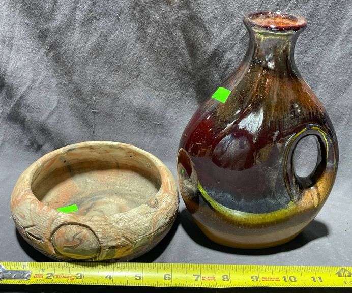 Bowl with Incised Designs & Glazed Pottery Vase with Handle - Metzger ...