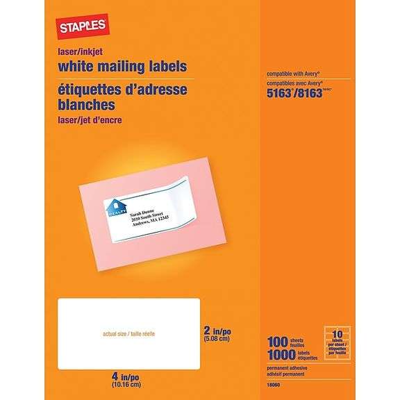 STAPLES - Staples Inkjet/Laser Shipping Labels, 2 x 4, White, 10 Labels ...