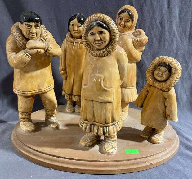 Carved Figurines Depicting Inuit Family on Wooden Base 12”x9”x9 ...