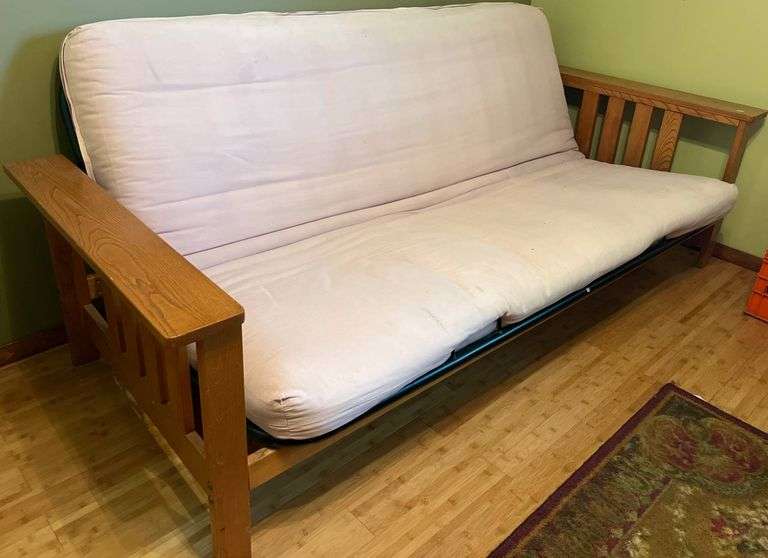 Futon With Slatted Arms and White Cushion, 86×34 - Metzger Property ...