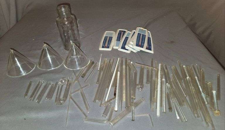 Laboratory Glassware Assortment with Bottle, Funnels, Glass Tubes, and ...
