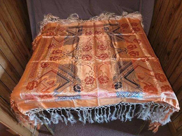 Fringed Silk Textile with Architectural Motifs and Floral Patterns ...