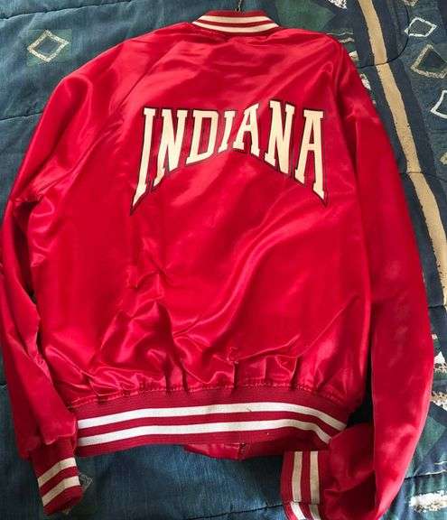 Red Satin Indiana Jacket with White Lettering and Size L Tag - Metzger ...