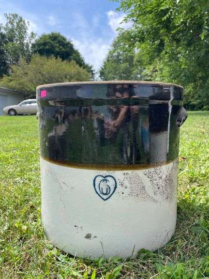 12” Diameter Stoneware Crock with Blue Heart and Number 6 Marking ...