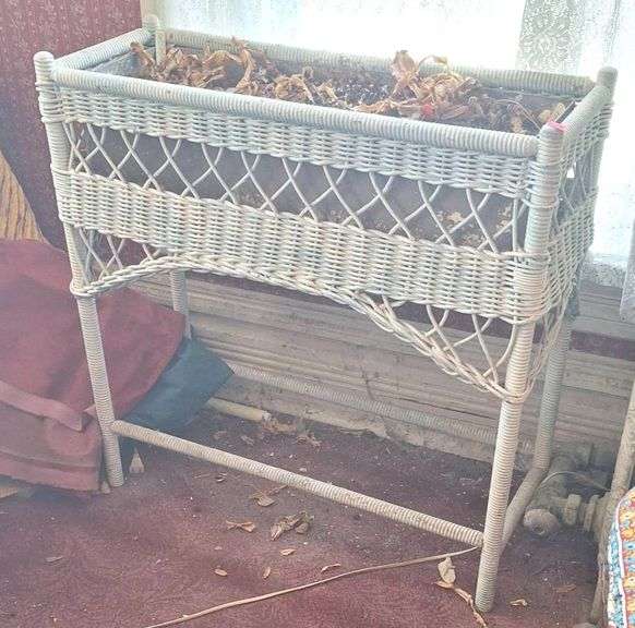 White Wicker Planter on a Raised Stand, 28”x11”x28” - Metzger Property ...