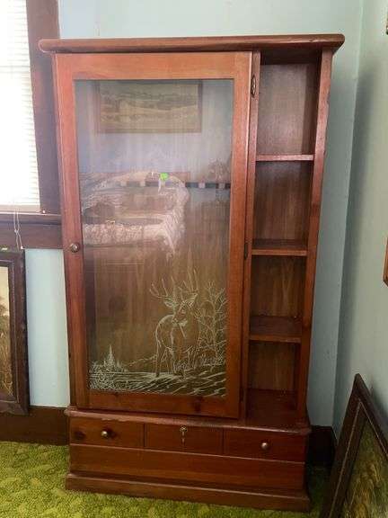 Glass-Front firearm Cabinet with Key and Etched Deer Design (37”x11”x65 ...
