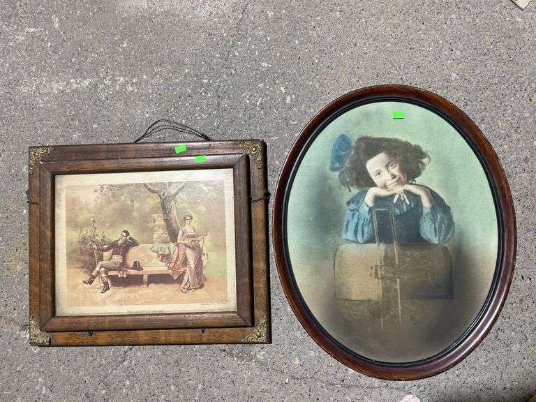 2 Framed Prints: Oval Hand-Tinted Portrait and Rectangular Print with ...