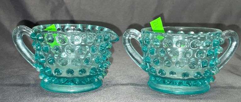 Unmarked Fenton Miniature Blue Glass Sugar and Creamer With Hobnail ...