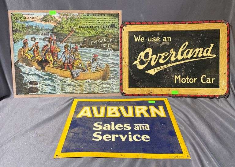 3 Tin Advertising Signs: Tippecanoe, Overland Motor Car, and Auburn ...