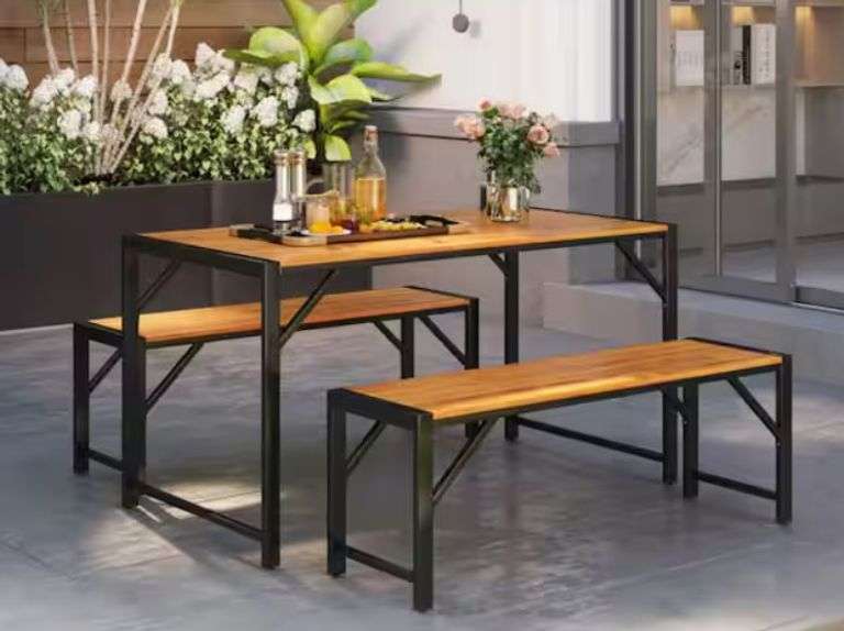 Made home 3-Piece Dining Table and Bench Set with Metal Frames and Wood ...