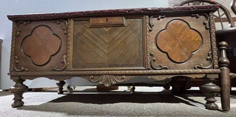 Carved Storage Chest with Upholstered Top & Turned Legs 48” L x 19.25 ...