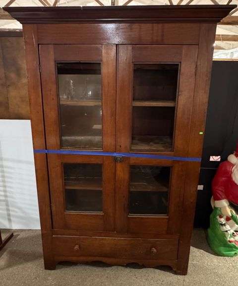 Tall Cabinet with Glass-Paned Doors, Shelving, and Drawer, 79.5”x48”x17 ...