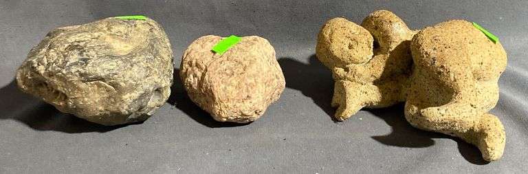 2 Geological Specimens and 1 Stone Human Shaped Figurine, 3”-5”W, 2”-3 ...