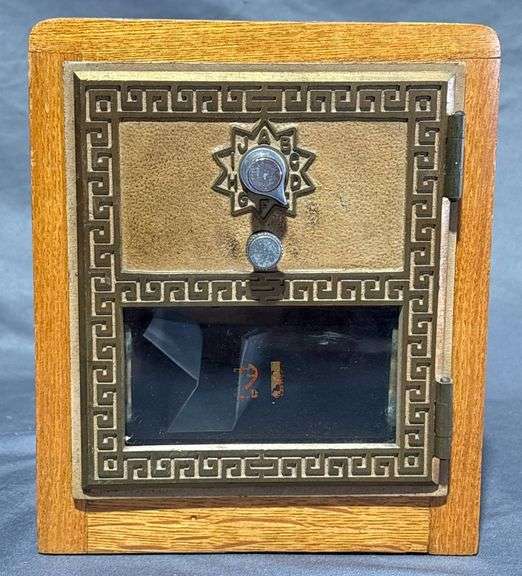 Small Oak and Metal Post Office Door Bank with Combination Lock ...