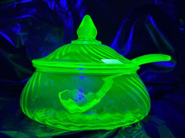 Green Uranium Glass Candy Dish with Ladle - Metzger Property Services, LLC