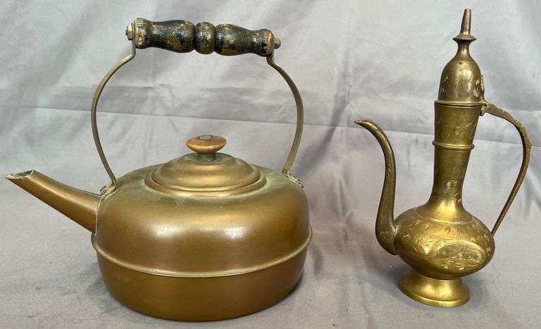 Brass Kettle with Ethan Allen Mark and Decorated Ewer Marked India ...