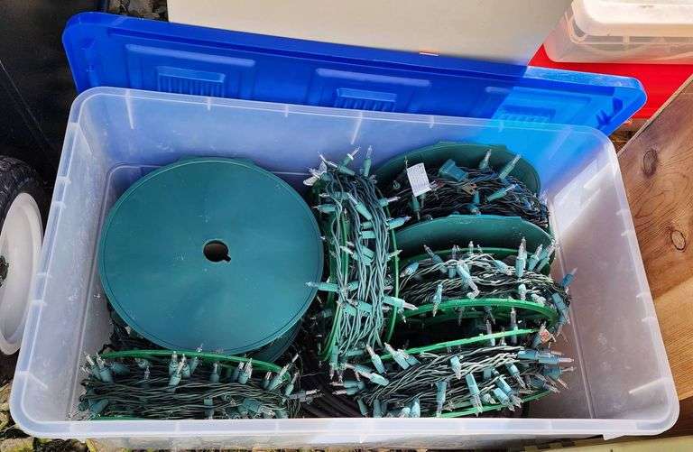Clear Plastic Storage Bin with Holiday String Lights on Reels 14x24x13 ...