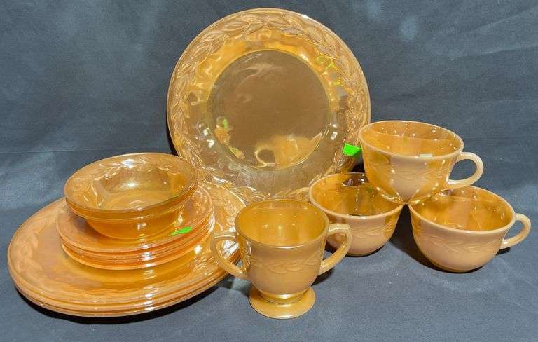 Fire-King Marigold Carnival Glass 14pc Dinnerware Set with Laurel Leaf ...