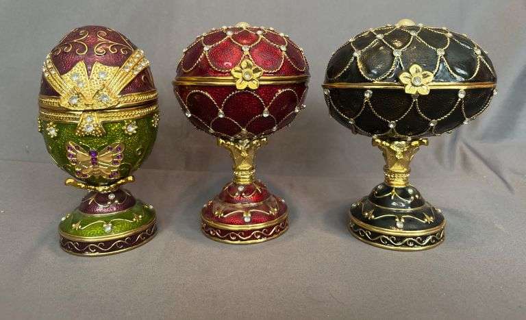 3 Enameled Egg-Shaped Musical Trinket Boxes with Hinged Lids Fabergé ...