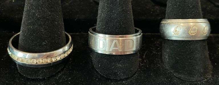 3 silver toned rings- ring with gemstones size 14, “DAD” ring engraved ...