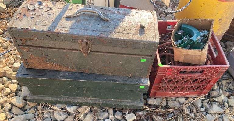 2 Toolboxes and Plastic Crate with Miscellaneous Tools and Parts 22”x9 ...