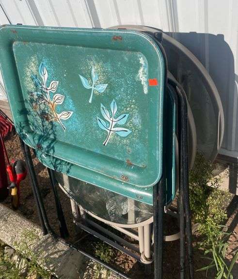 2 – Metal Folding Trays and 3 – Glass-Top Table Group 26” - Metzger ...
