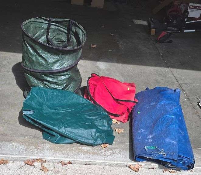 Collapsible Green Pop-Up Bin Inc Red and BlueTarps, Grill Cover ...