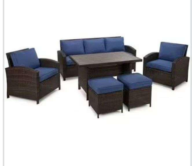 6 Pc. Wicker Conversation Group with Blue Cushions - Metzger Property ...